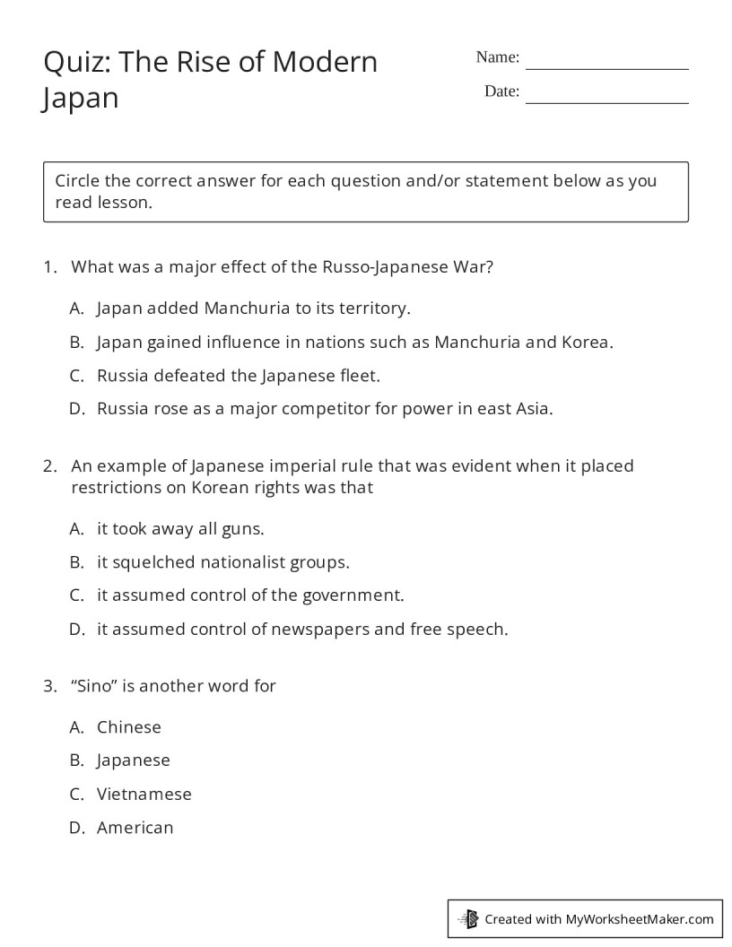 Quiz: The Rise of Modern Japan - My Worksheet Maker: Create Your Own ...