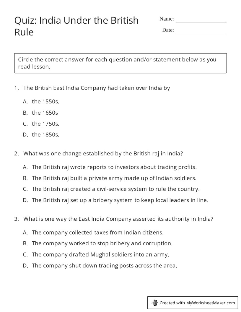 Quiz: India Under the British Rule - My Worksheet Maker: Create Your ...