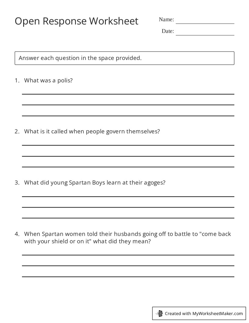 Open Response Worksheet - My Worksheet Maker: Create Your Own Worksheets