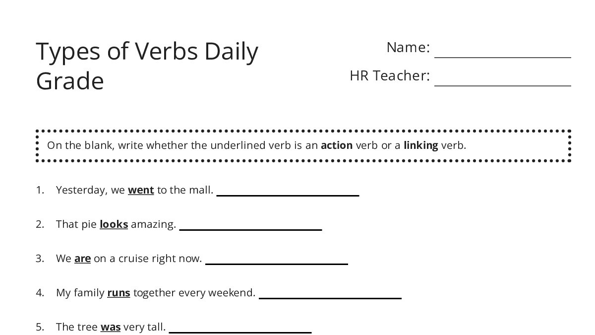 Types of Verbs Daily Grade - My Worksheet Maker: Create Your Own Worksheets