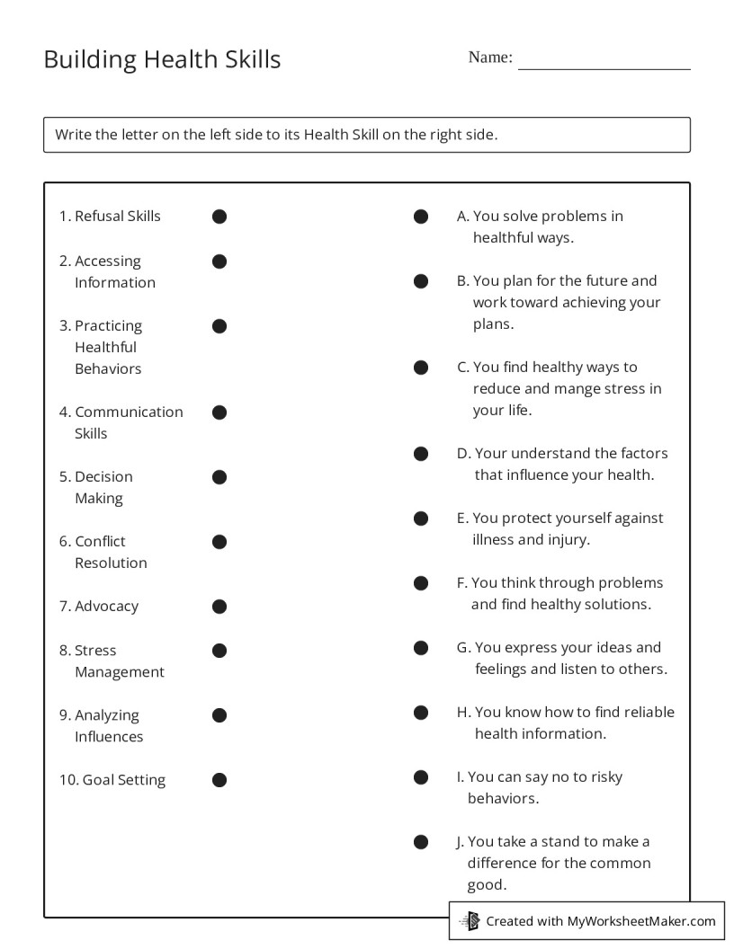 Building Health Skills - My Worksheet Maker: Create Your Own Worksheets