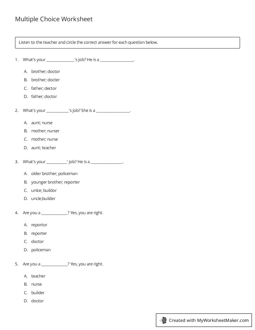 Multiple Choice Worksheet - My Worksheet Maker: Create Your Own Worksheets