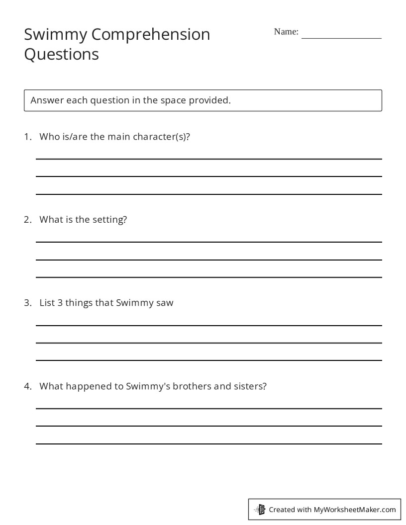 Swimmy Comprehension Questions - My Worksheet Maker: Create Your Own ...