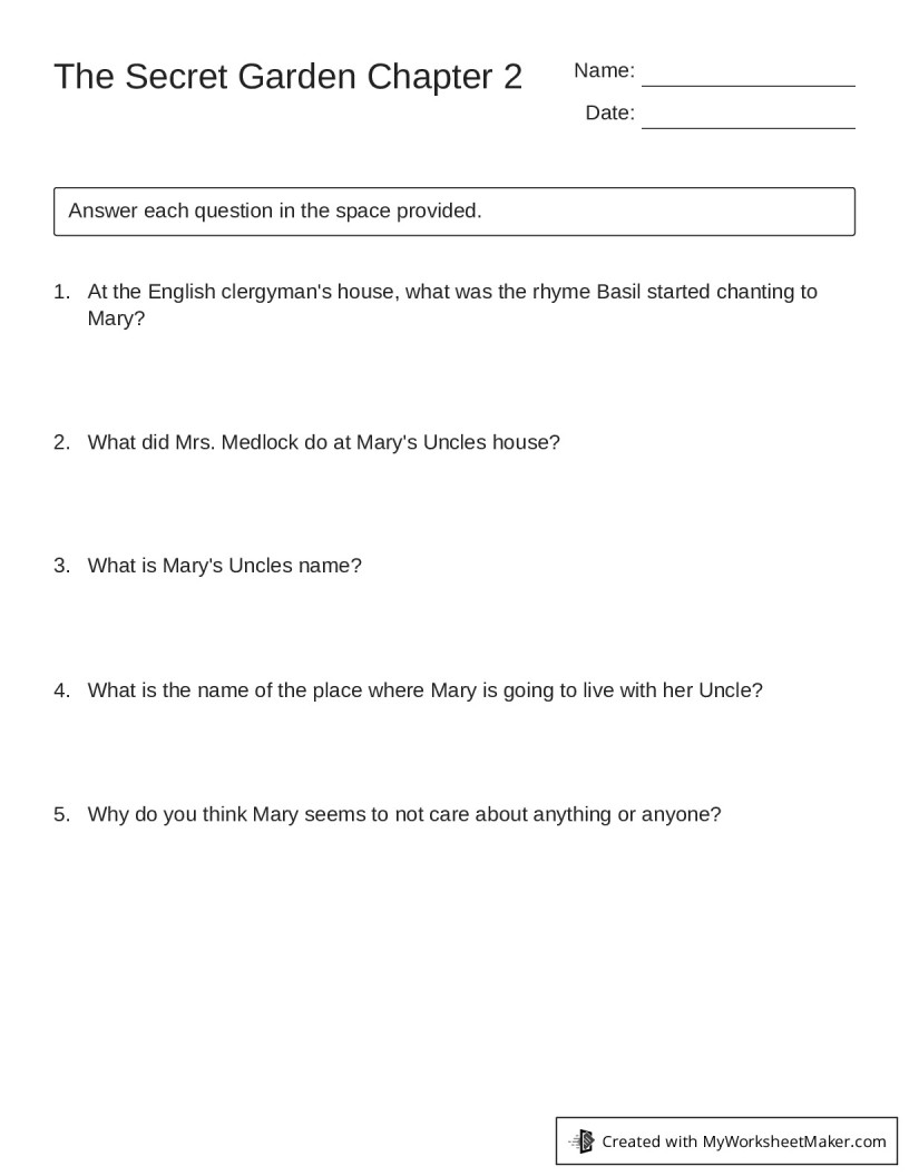 The Secret Garden Chapter 2 - My Worksheet Maker: Create Your Own ...