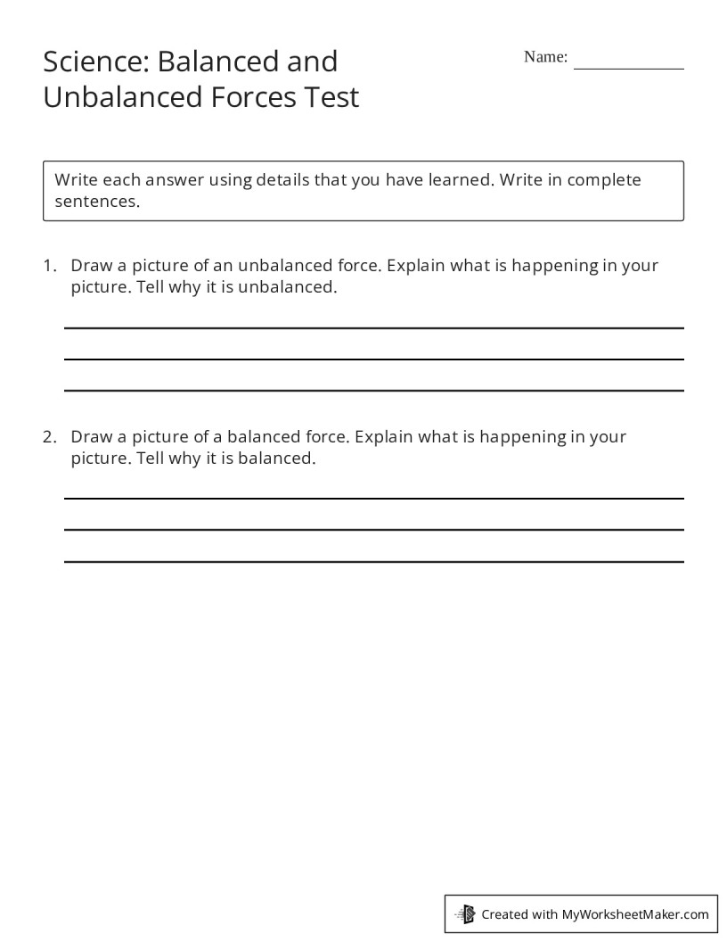 Science: Balanced and Unbalanced Forces Test - My Worksheet Maker ...