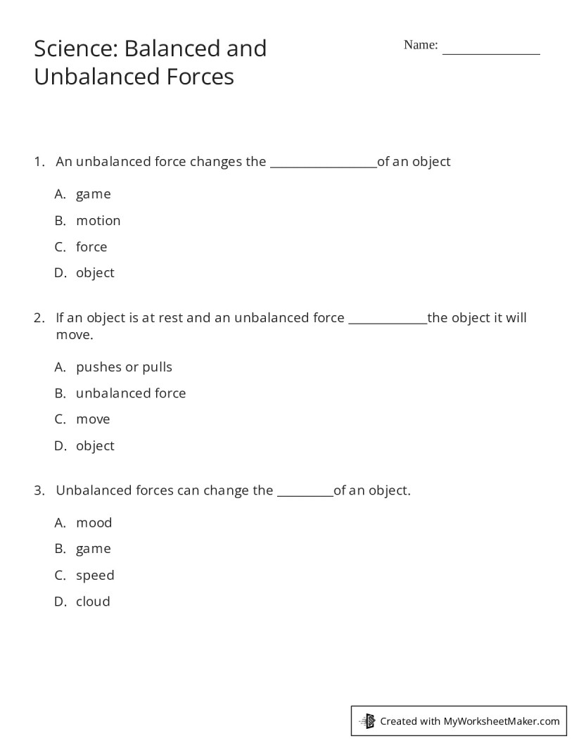 Science: Balanced and Unbalanced Forces - My Worksheet Maker: Create ...