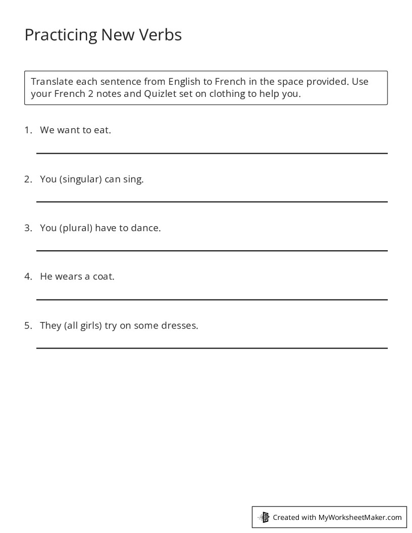 Practicing New Verbs - My Worksheet Maker: Create Your Own Worksheets