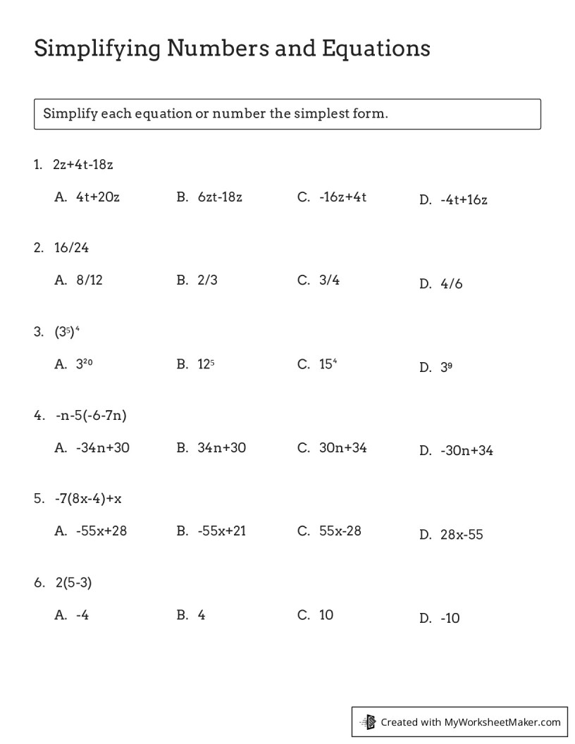Simplifying Numbers and Equations - My Worksheet Maker: Create Your Own ...