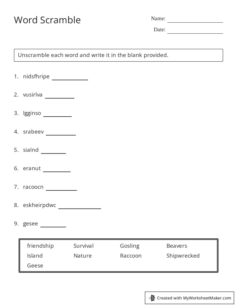 Word Scramble - My Worksheet Maker: Create Your Own Worksheets