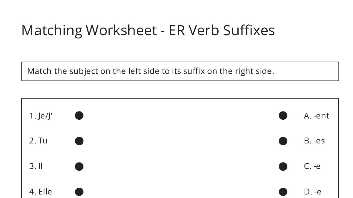 Matching Worksheet - ER Verb Suffixes - My Worksheet Maker: Create Your ...