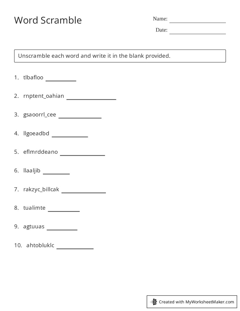 Word Scramble - My Worksheet Maker: Create Your Own Worksheets