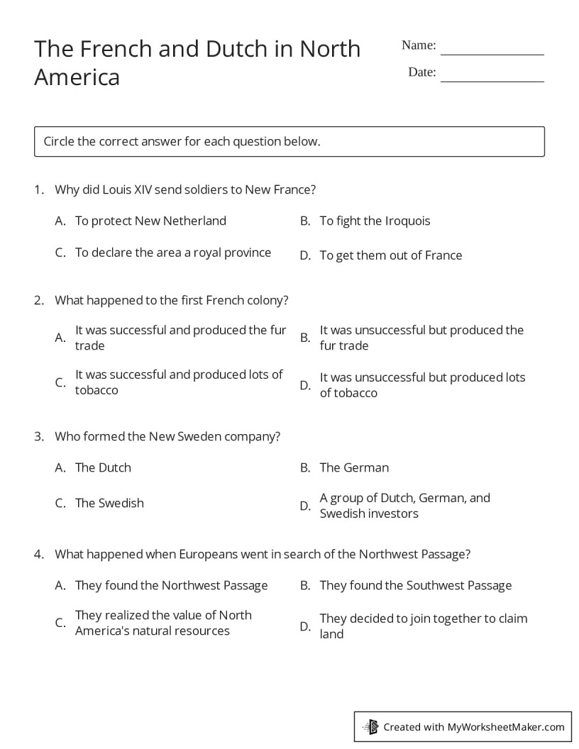 The French and Dutch in North America - My Worksheet Maker: Create Your ...