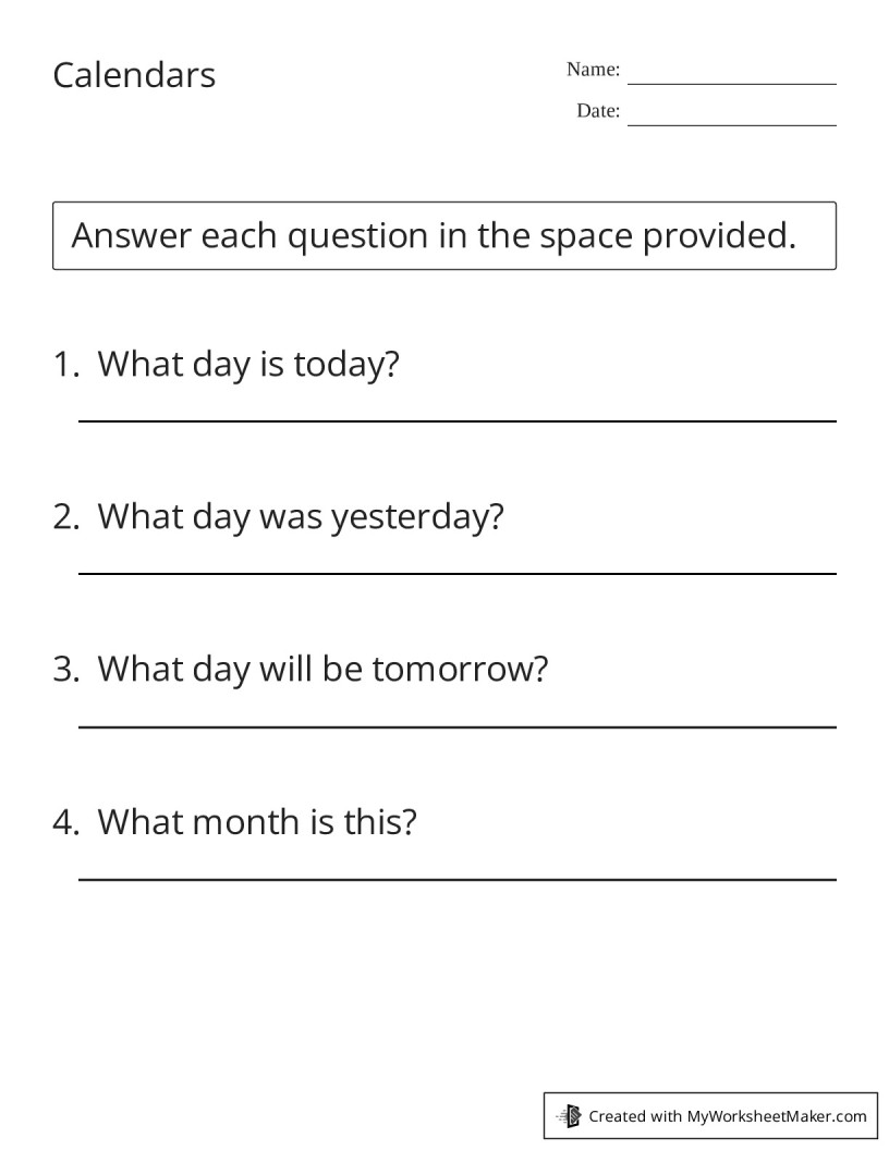 Calendars - My Worksheet Maker: Create Your Own Worksheets