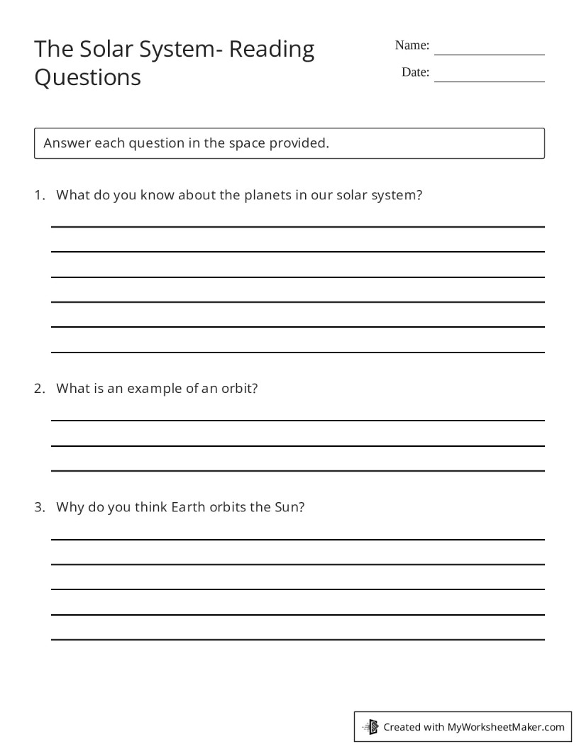 The Solar System- Reading Questions - My Worksheet Maker: Create Your ...