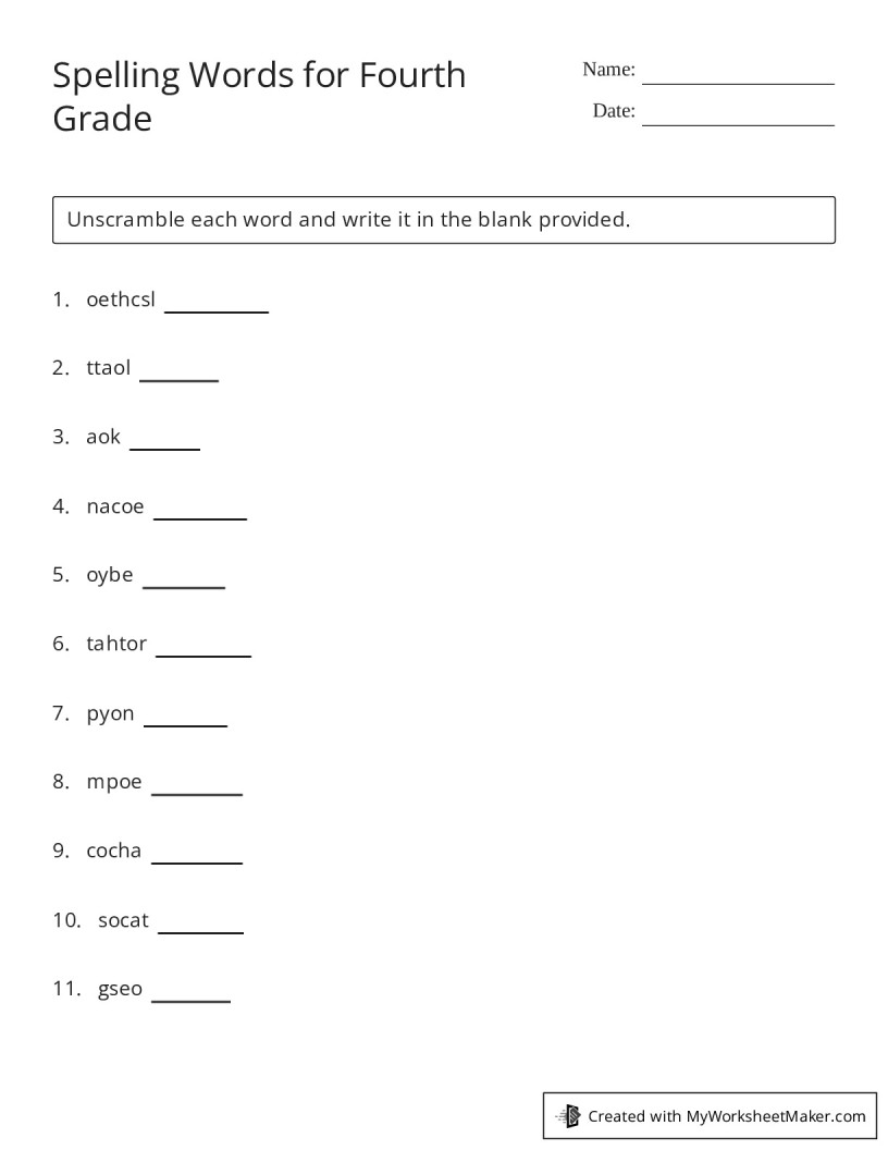 Spelling Words for Fourth Grade - My Worksheet Maker: Create Your Own ...