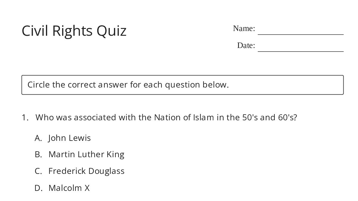 Civil Rights Quiz - My Worksheet Maker: Create Your Own Worksheets