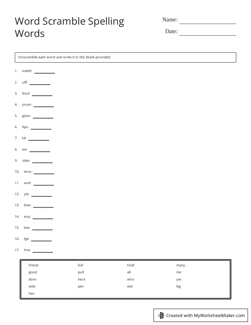 Word Scramble Spelling Words - My Worksheet Maker: Create Your Own ...