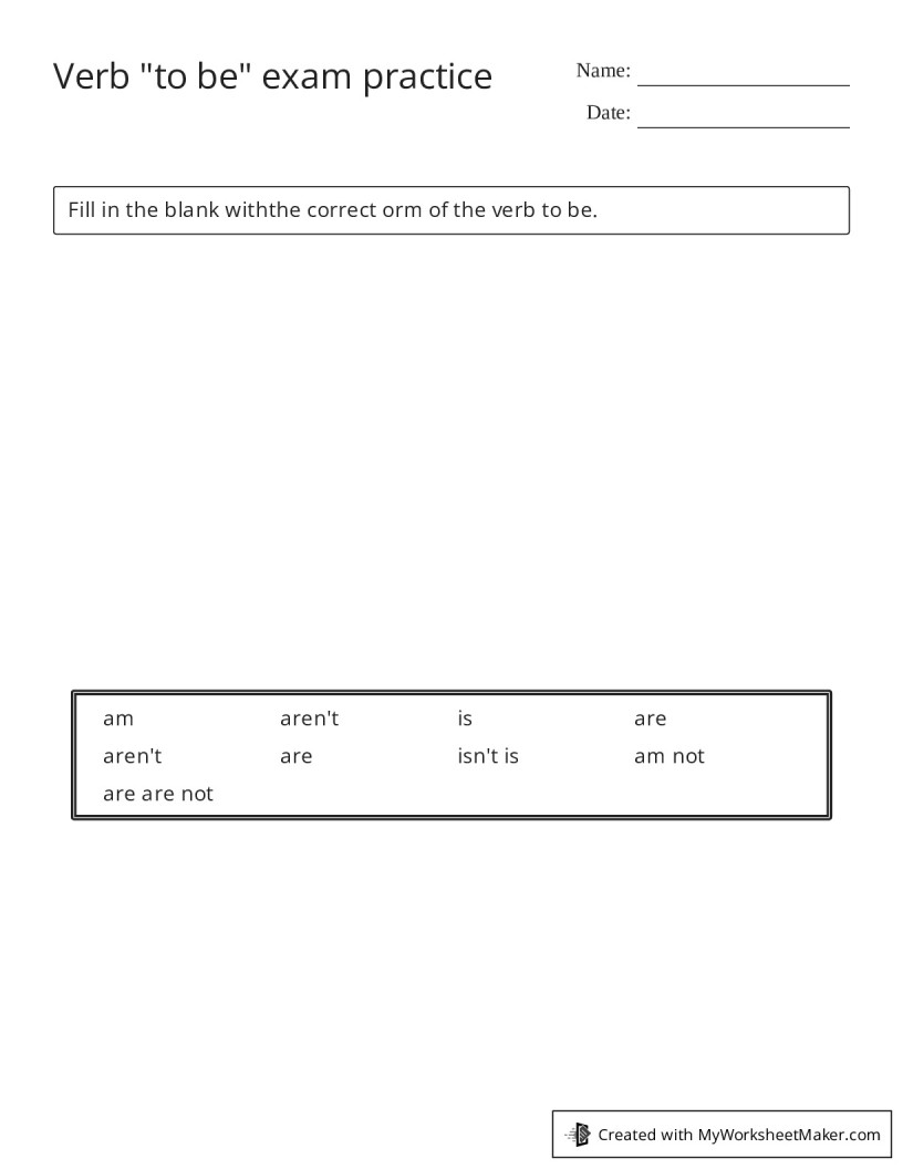 Verb "to be" exam practice - My Worksheet Maker: Create Your Own Worksheets