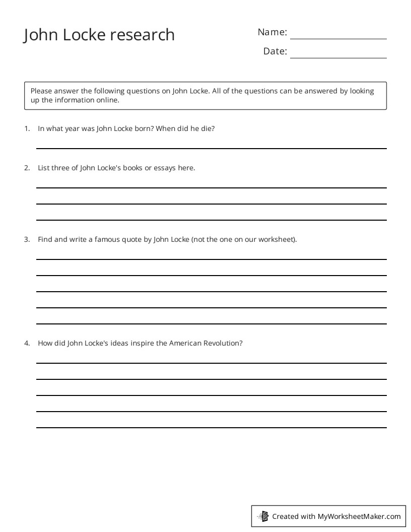 John Locke research - My Worksheet Maker: Create Your Own Worksheets
