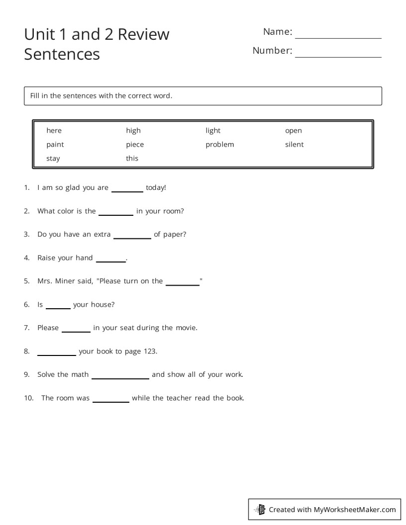 Unit 1 and 2 Review Sentences - My Worksheet Maker: Create Your Own ...