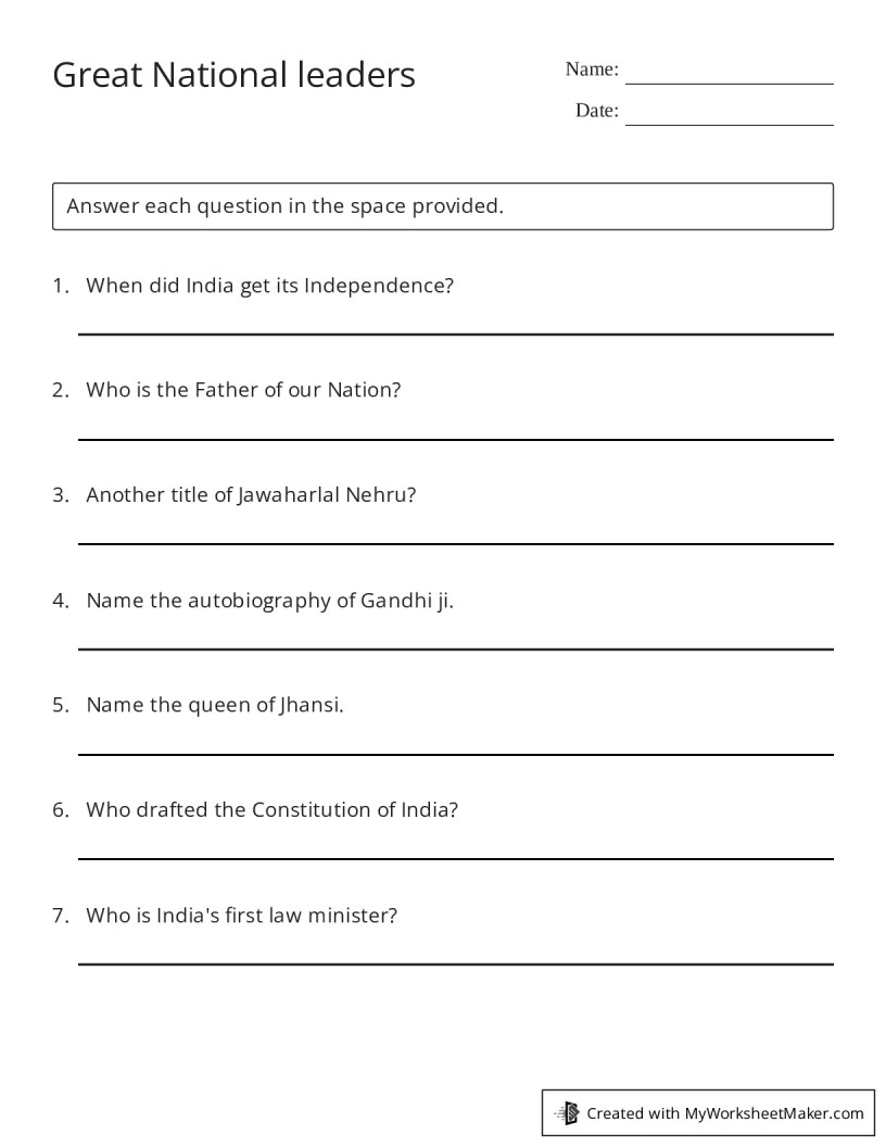 Great National leaders - My Worksheet Maker: Create Your Own Worksheets