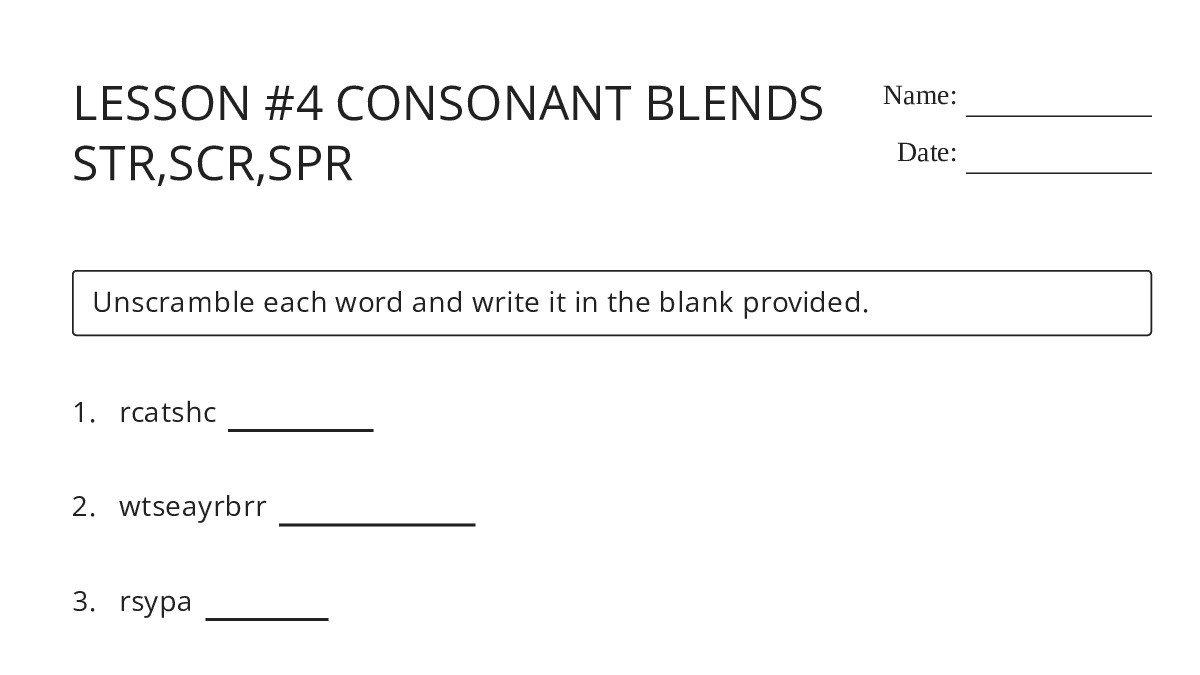 LESSON #4 CONSONANT BLENDS STR,SCR,SPR - My Worksheet Maker: Create ...