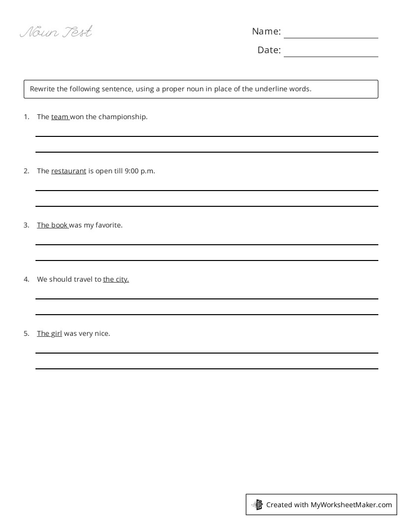 Noun Test - My Worksheet Maker: Create Your Own Worksheets