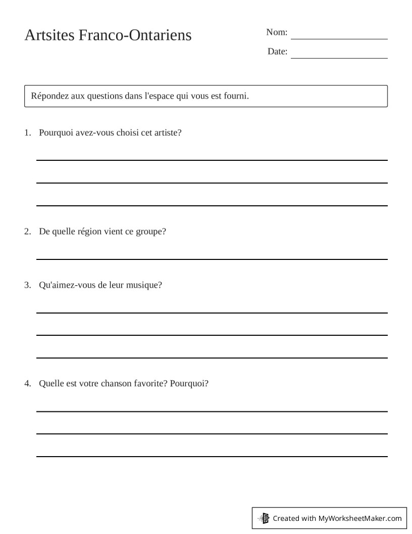 Artsites Franco-Ontariens - My Worksheet Maker: Create Your Own Worksheets