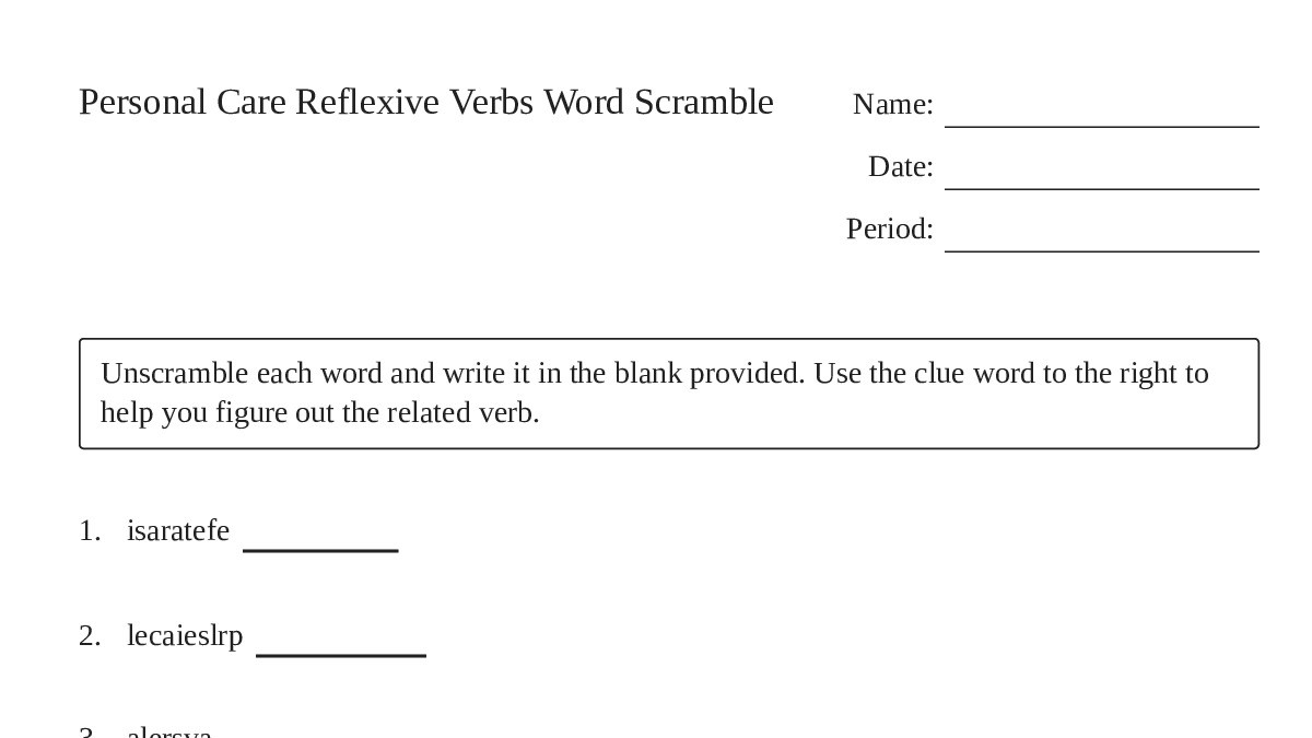 Personal Care Reflexive Verbs Word Scramble - My Worksheet Maker ...
