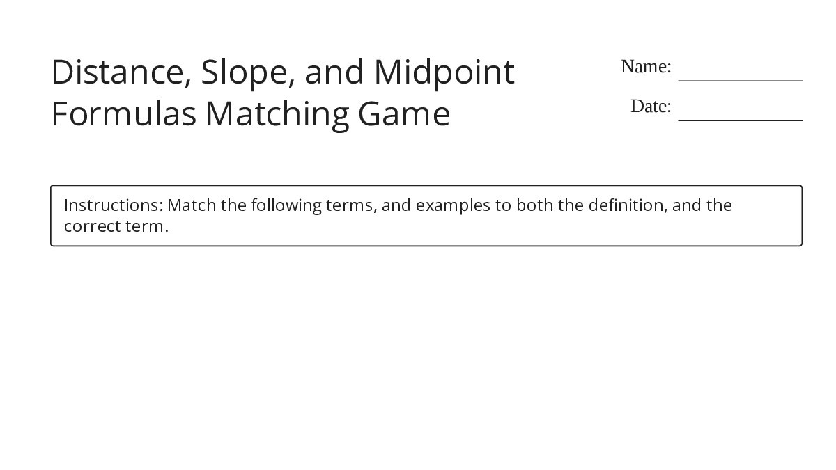Distance, Slope, and Midpoint Formulas Matching Game - My Worksheet ...