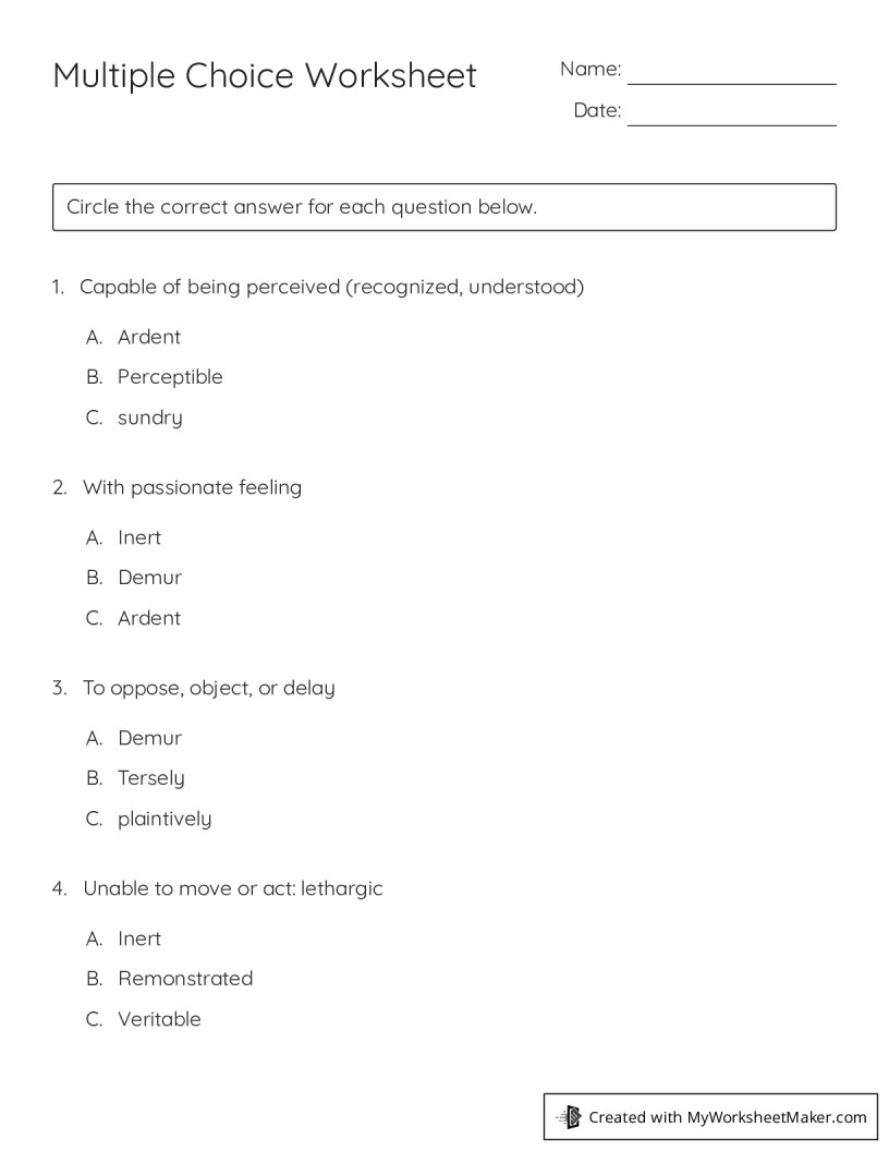 Multiple Choice Worksheet - My Worksheet Maker: Create Your Own Worksheets