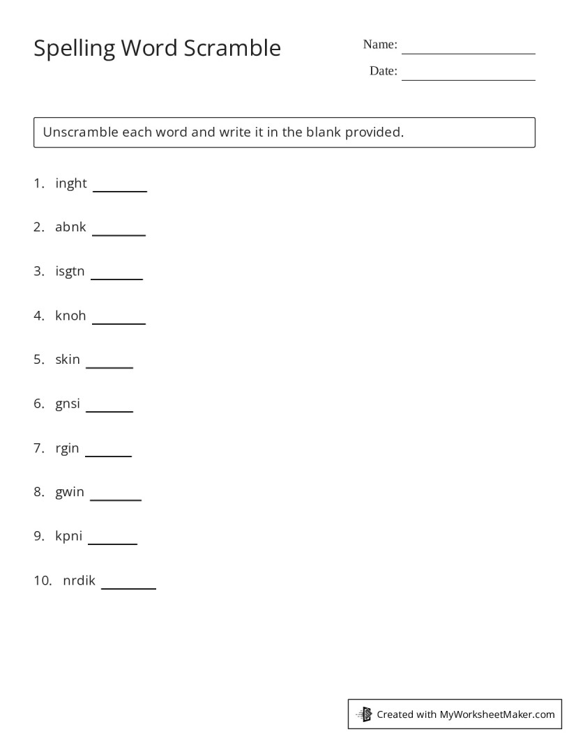 Spelling Word Scramble - My Worksheet Maker: Create Your Own Worksheets