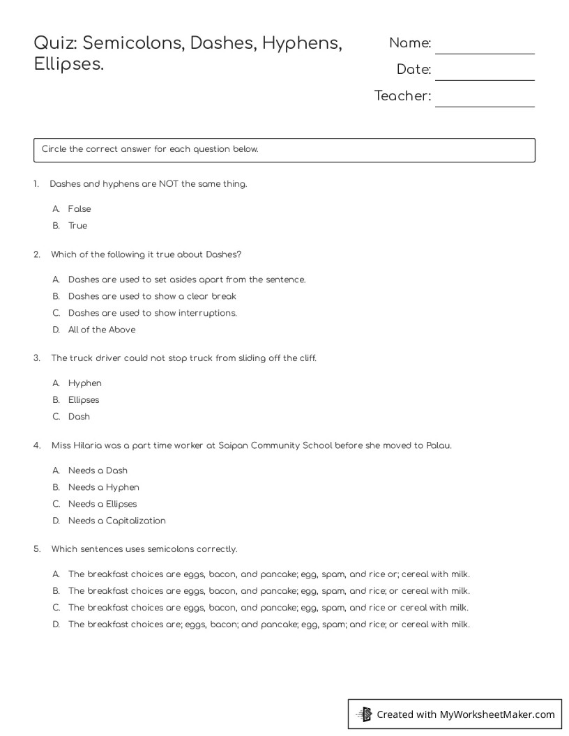 Quiz Worksheet Using Hyphens, 59% OFF