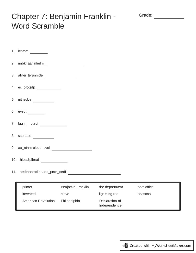 Chapter 7: Benjamin Franklin - Word Scramble - My Worksheet Maker ...