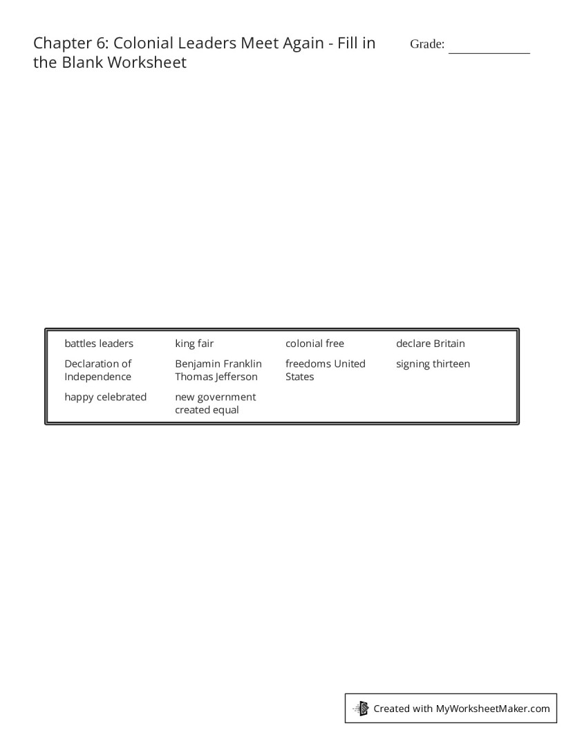 Chapter 6: Colonial Leaders Meet Again - Fill in the Blank Worksheet ...