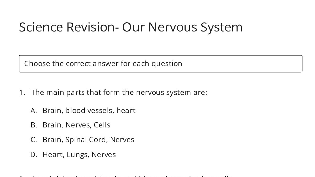 Science Revision- Our Nervous System - My Worksheet Maker: Create Your ...