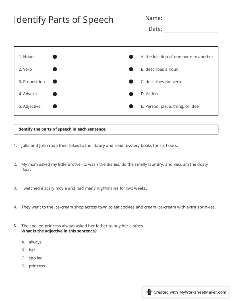Identify Parts of Speech - My Worksheet Maker: Create Your Own Worksheets