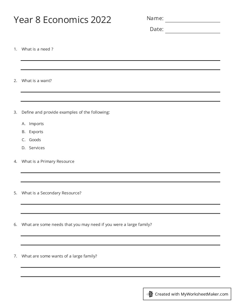 Year 8 Economics 2022 - My Worksheet Maker: Create Your Own Worksheets