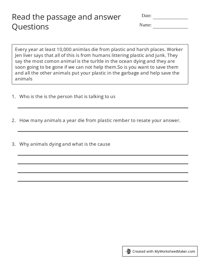 Read the passage and answer Questions - My Worksheet Maker: Create Your ...