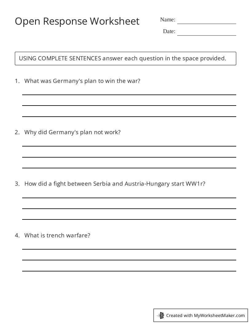 Open Response Worksheet - My Worksheet Maker: Create Your Own Worksheets