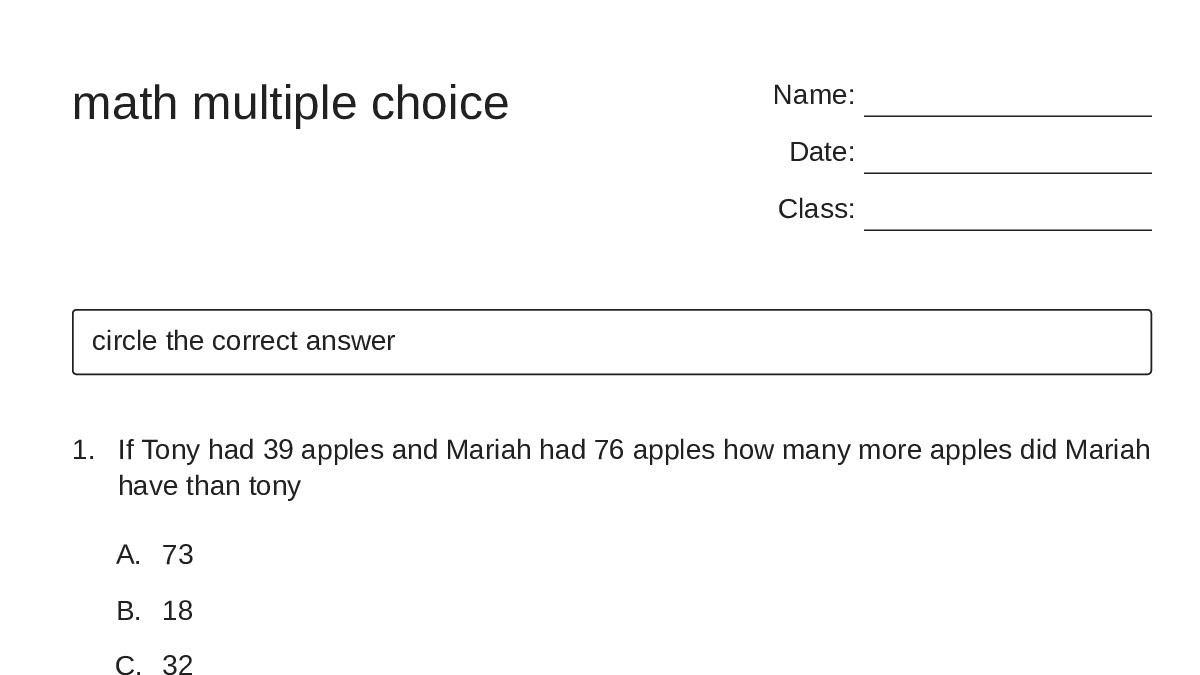 math multiple choice - My Worksheet Maker: Create Your Own Worksheets