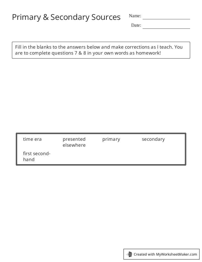Primary & Secondary Sources - My Worksheet Maker: Create Your Own ...