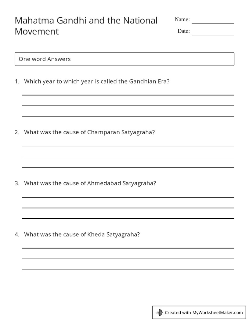 Mahatma Gandhi and the National Movement - My Worksheet Maker: Create ...