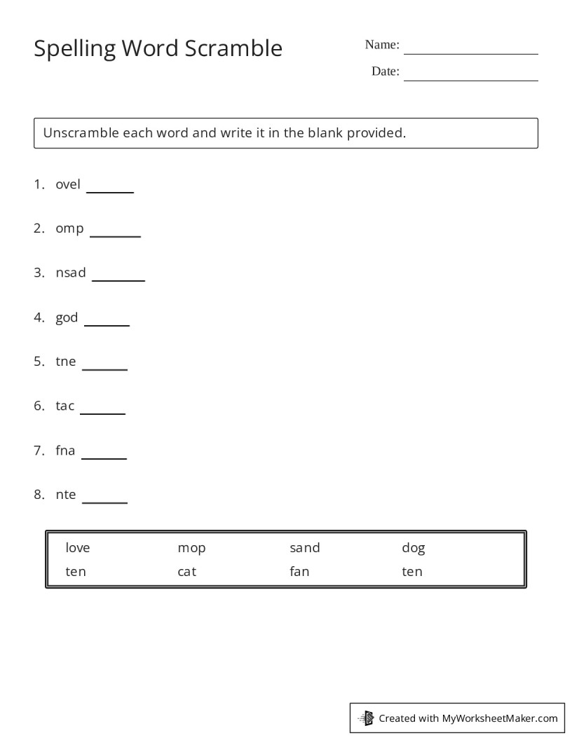 Spelling Word Scramble - My Worksheet Maker: Create Your Own Worksheets