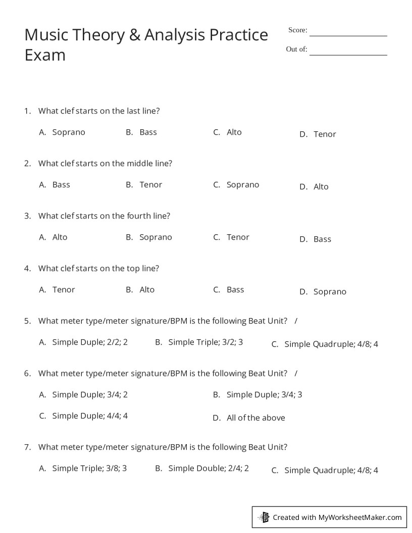 Music Theory & Analysis Practice Exam - My Worksheet Maker: Create Your ...