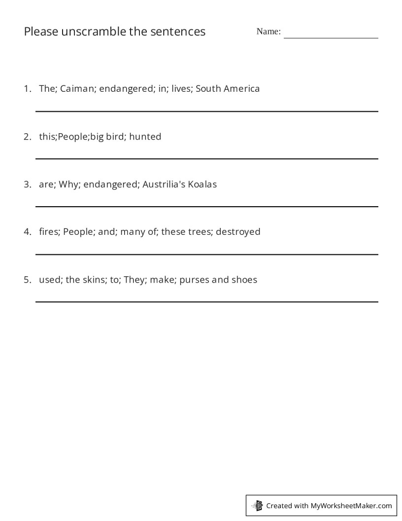 Please unscramble the sentences - My Worksheet Maker: Create Your Own ...