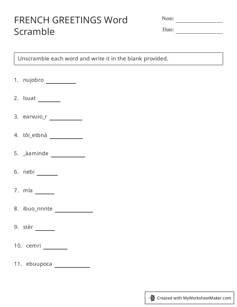 French Greetings Worksheet