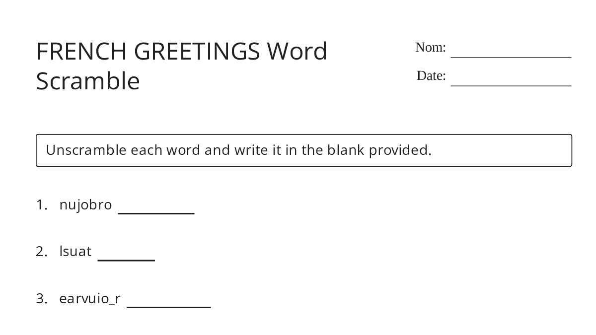 FRENCH GREETINGS Word Scramble - My Worksheet Maker: Create Your Own ...
