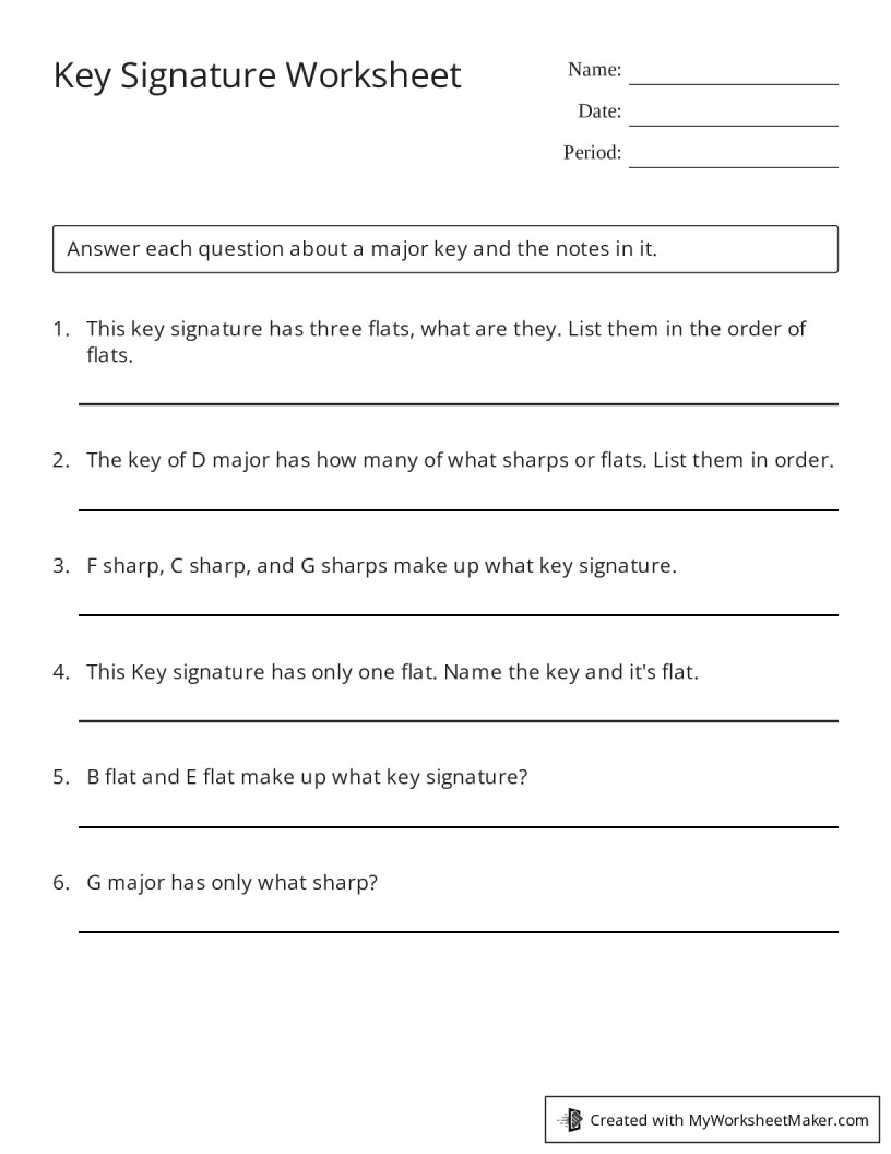 Key Signature Worksheet - My Worksheet Maker: Create Your Own Worksheets