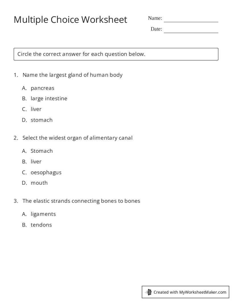 Multiple Choice Worksheet - My Worksheet Maker: Create Your Own Worksheets